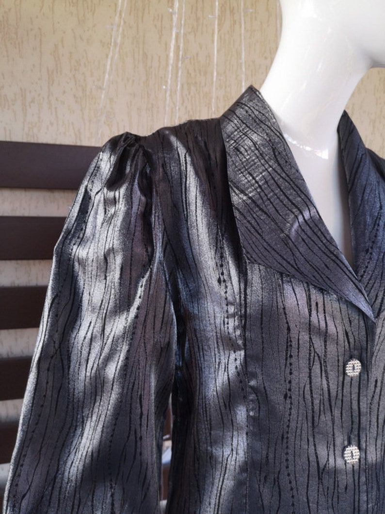 1980's Gorgeous Shiny Silky Vintage Jacket Gray Silver Blazer Blouse ...