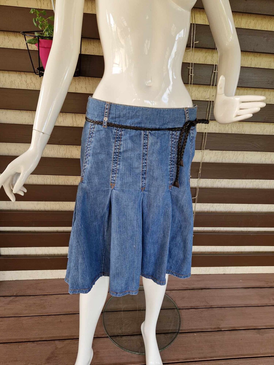 1990's Denim Blue Brown Stitches Skirt Vintage Secretary Teacher ...