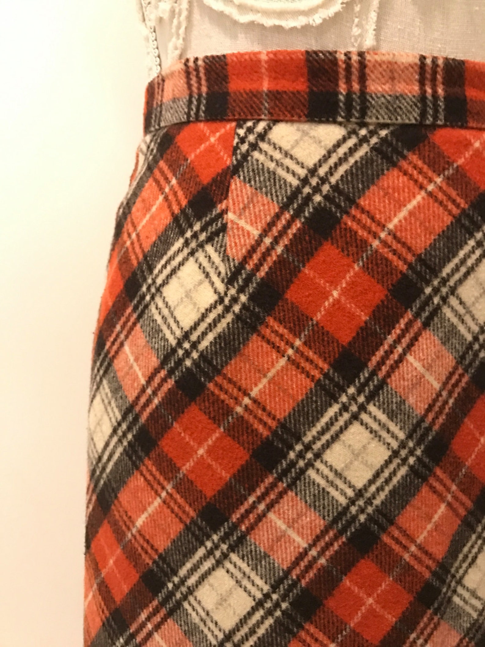 1970s Checkered Wool Skirt. Gray Orange With White Plaid Skirt. Vintage ...