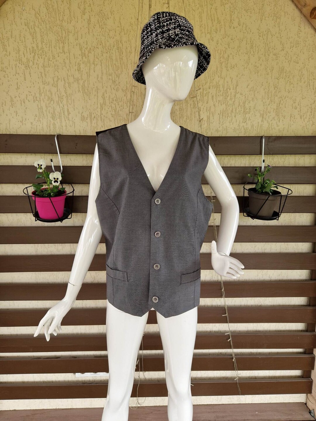 Vintage Men's Vest Two Fabrics Gray Black Steampunk Waistcoat Buttons ...