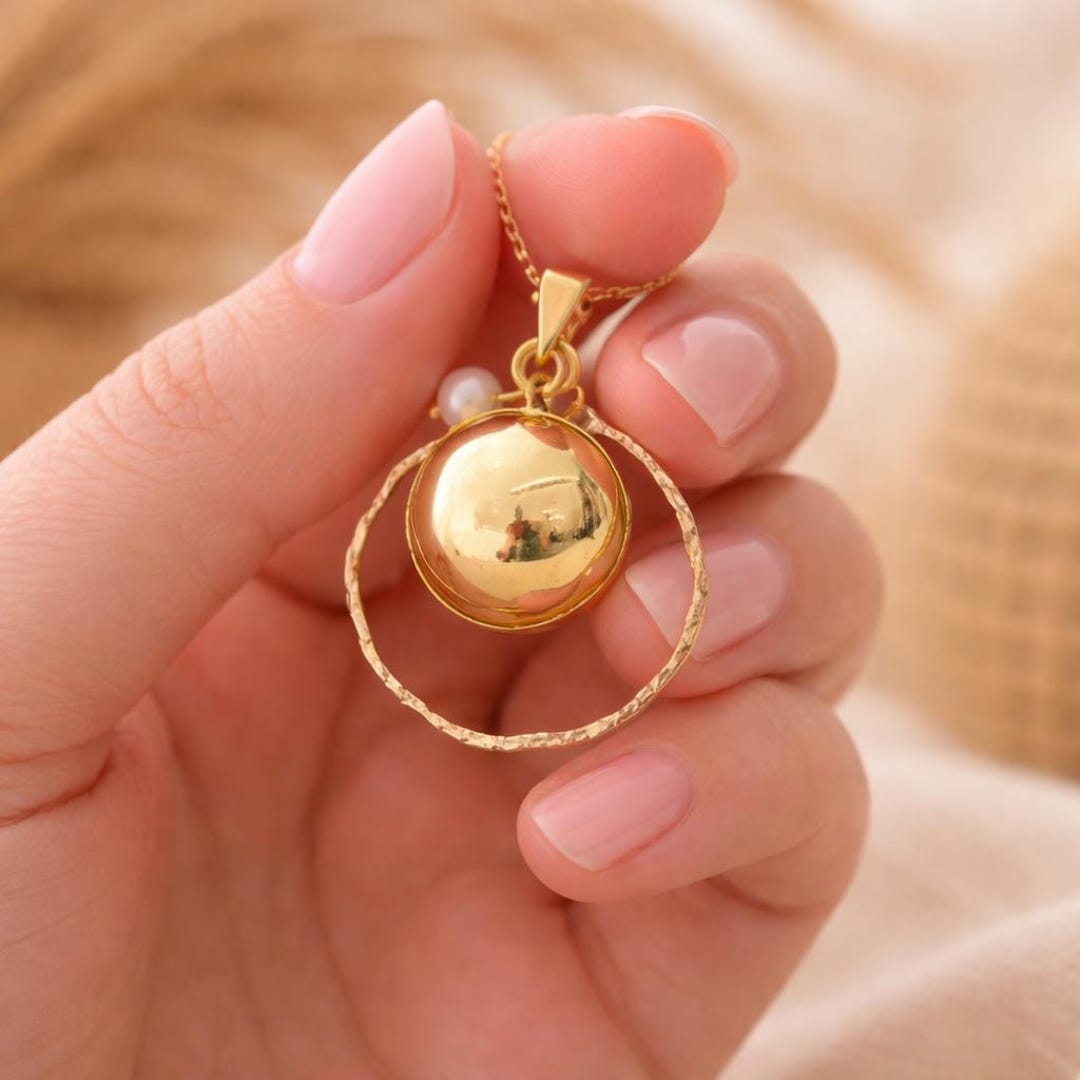 Pregnancy Bola Fine Lithotherapy Pearl Gold Color With Hammered Ring - Etsy