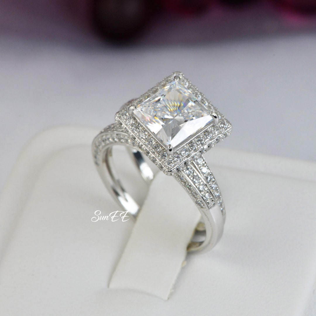 Halo Princess Cut Bridal Wedding Engagement Ring Diamond Simulated 925 ...