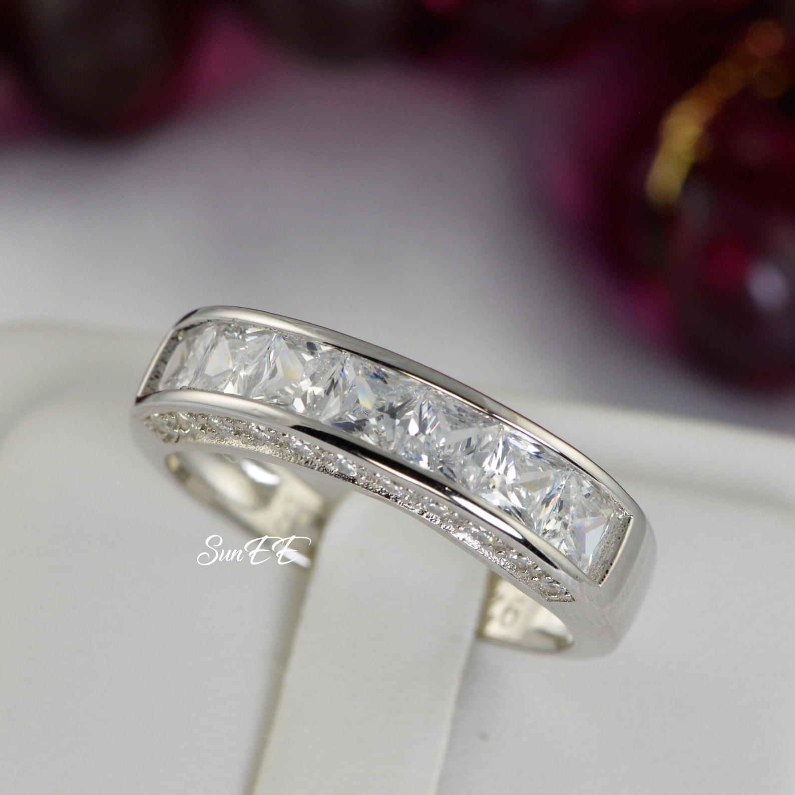 Mens Wedding Band With Side Stones Diamond Simulated 925 Sterling ...