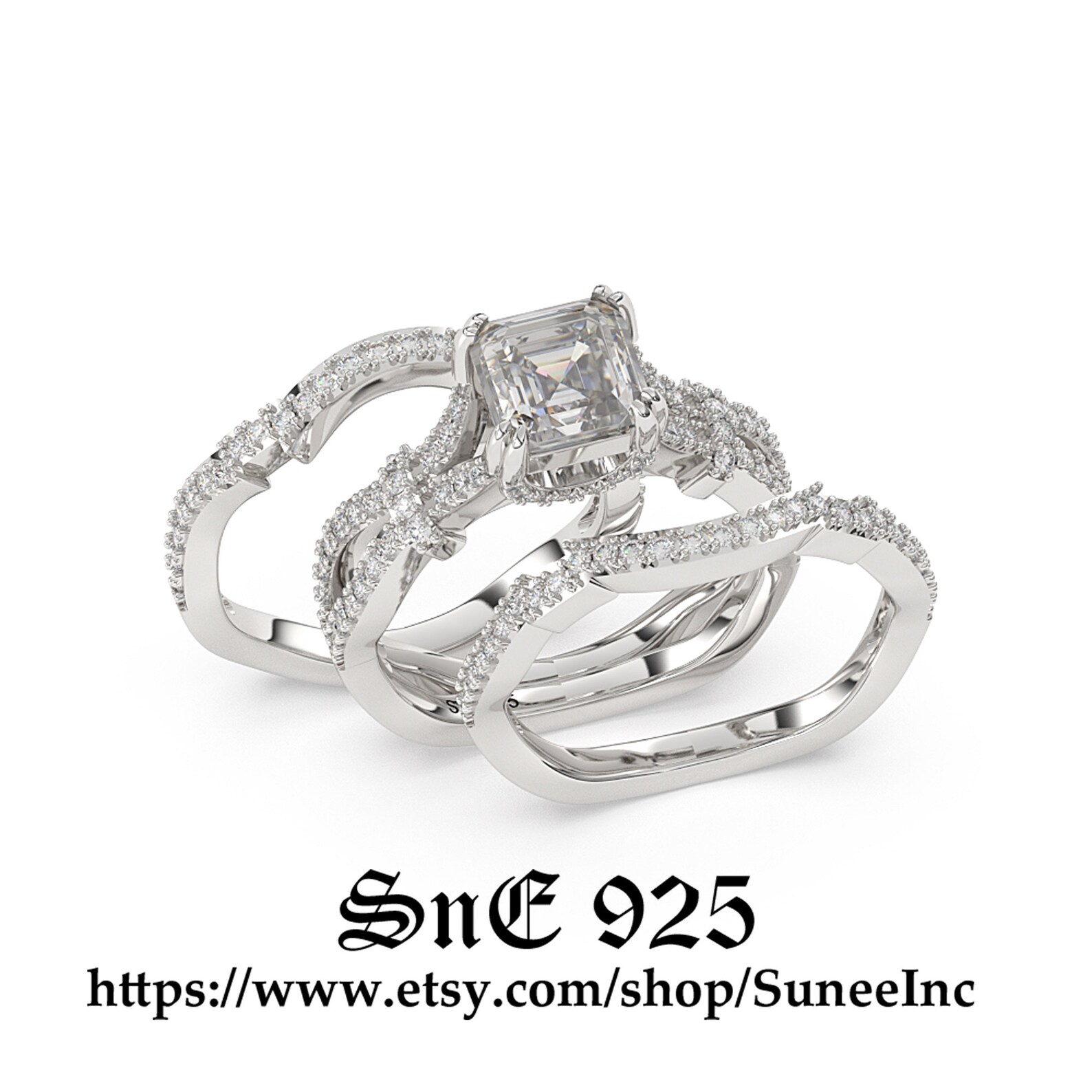 Princess Cut Sterling Silver Wedding Ring Set: 3.67ct Simulated Diamond ...