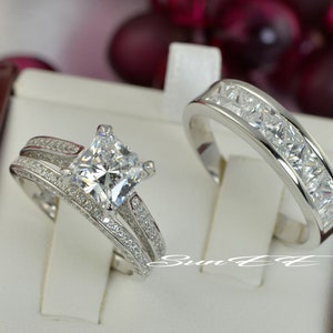Couple Princess Cut Wedding Ring Set Engagement Ring Diamond Simulated ...