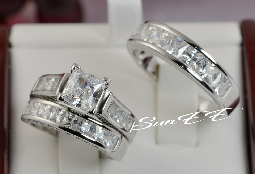 Couple Princess Cut Wedding Ring Set Engagement Ring Diamond Simulated ...