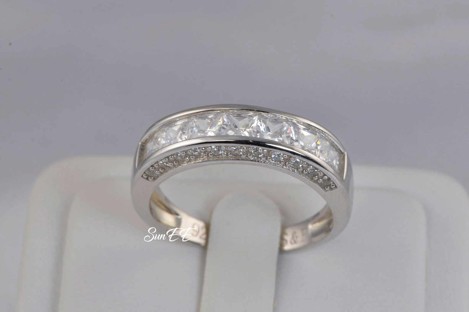 Mens Wedding Band With Side Stones Diamond Simulated 925 Sterling ...