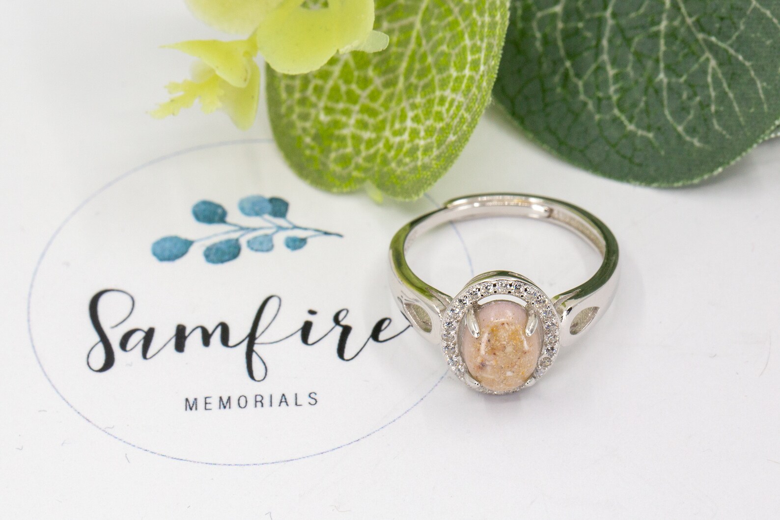 Memorial Ring With Oval Stone and Surrounding Glass Stones. | Etsy UK