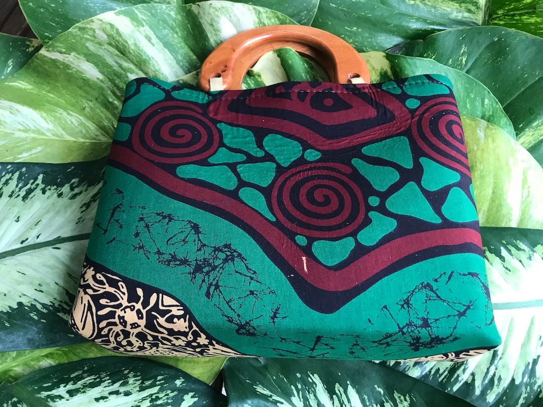 Indonesian Batik Bag: Handmade Cotton Handbag With Wooden Handles - Etsy