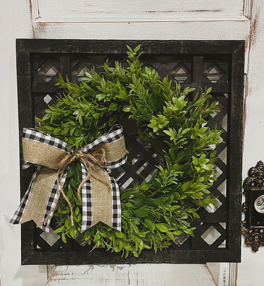 Farmhouse Black Weathered Wood Lattice Sign W/greenery Wreath, Rustic ...