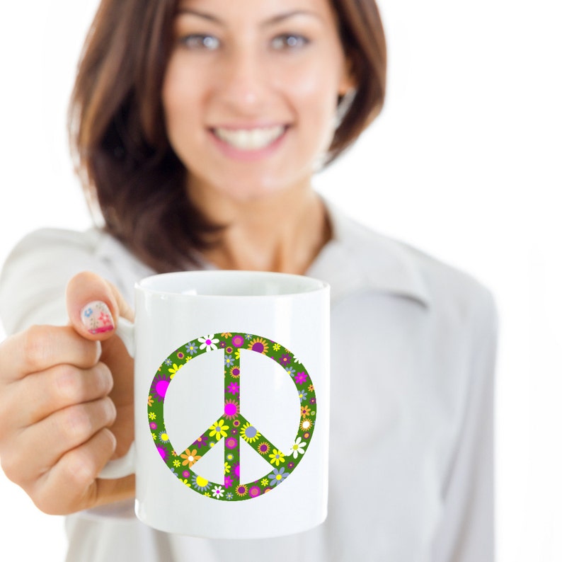 Peace Sign Coffee Mug - Retro Peace Sign With Flowers - Peace and Love ...