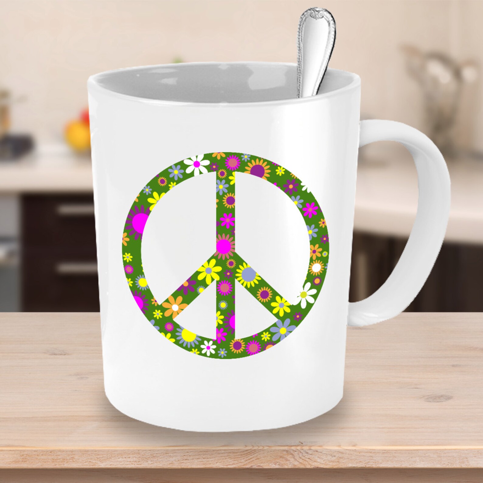 Peace Sign Coffee Mug - Retro Peace Sign With Flowers - Peace and Love ...