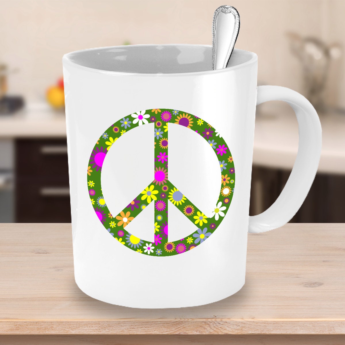 Peace Sign Coffee Mug - Retro Peace Sign With Flowers - Peace and Love ...