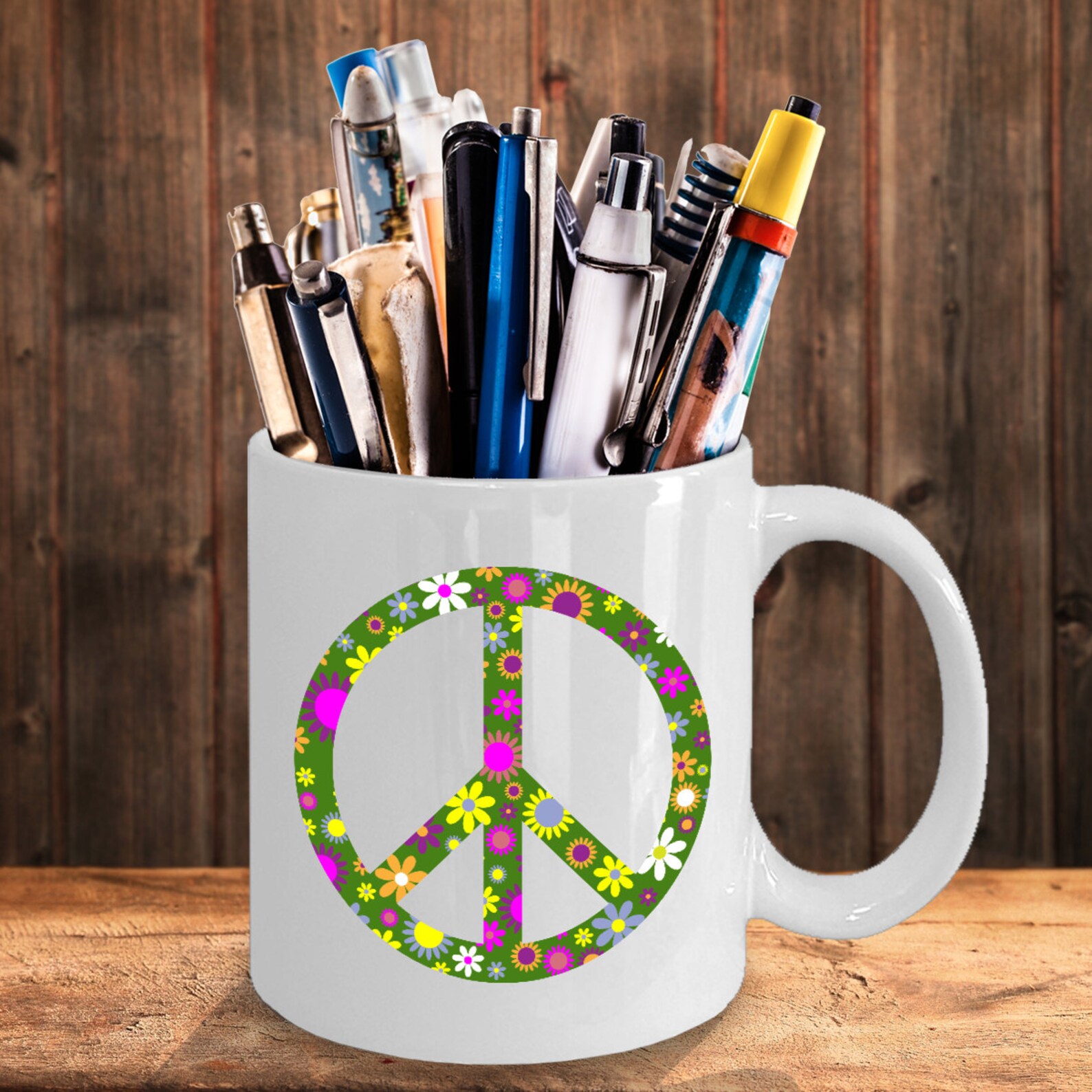 Peace Sign Coffee Mug - Retro Peace Sign With Flowers - Peace and Love ...
