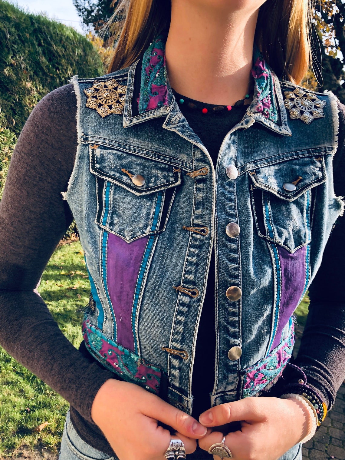 Handpainted Denim Vest Upcycled Boho Jean Vest With Bali Textiles - Etsy