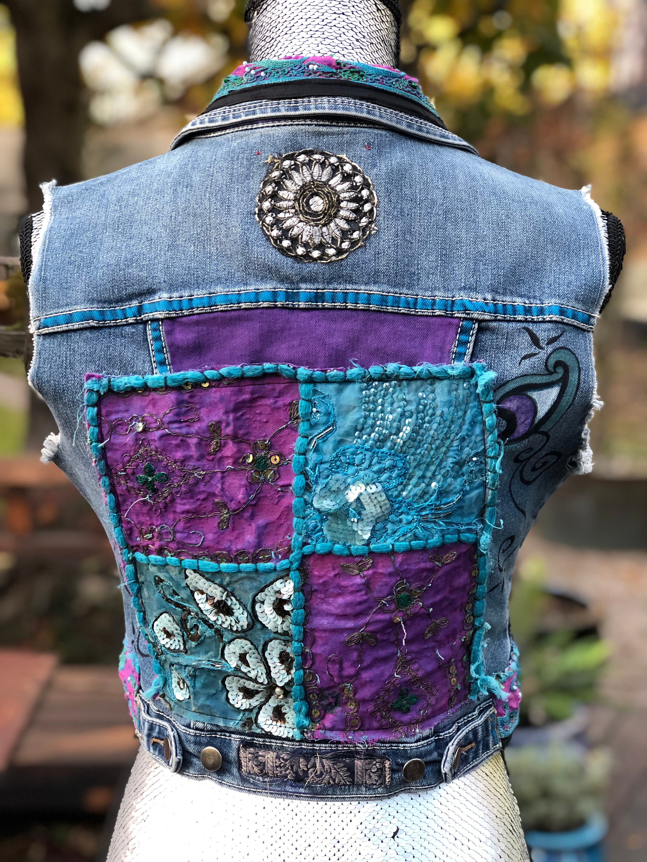Hand Painted Denim Boho Jean Denim Vest Embellished Denim - Etsy