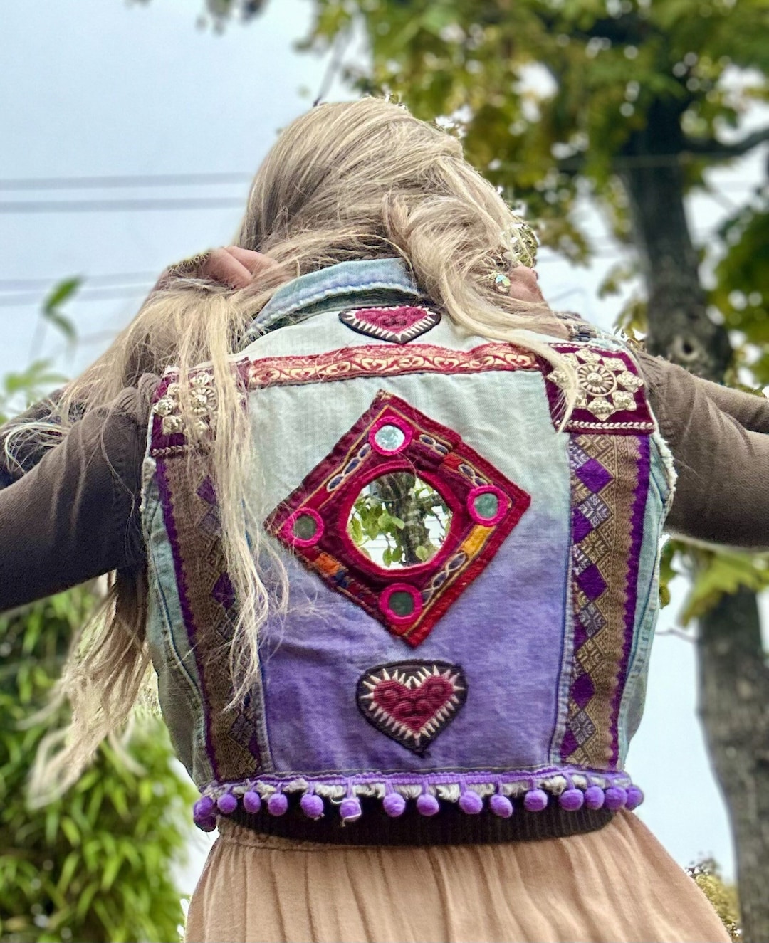 Embellished Denim Vest: Hand-painted Boho Jean Vest With Antique Mirror ...