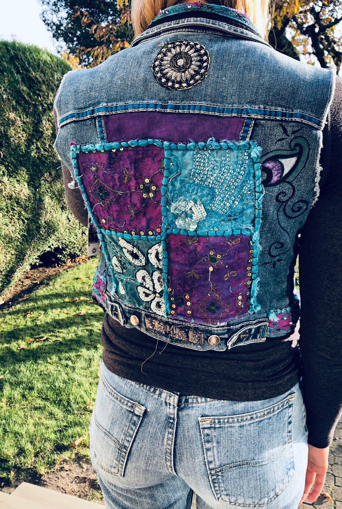 Hand Painted Denim Boho Jean Denim Vest Embellished Denim - Etsy