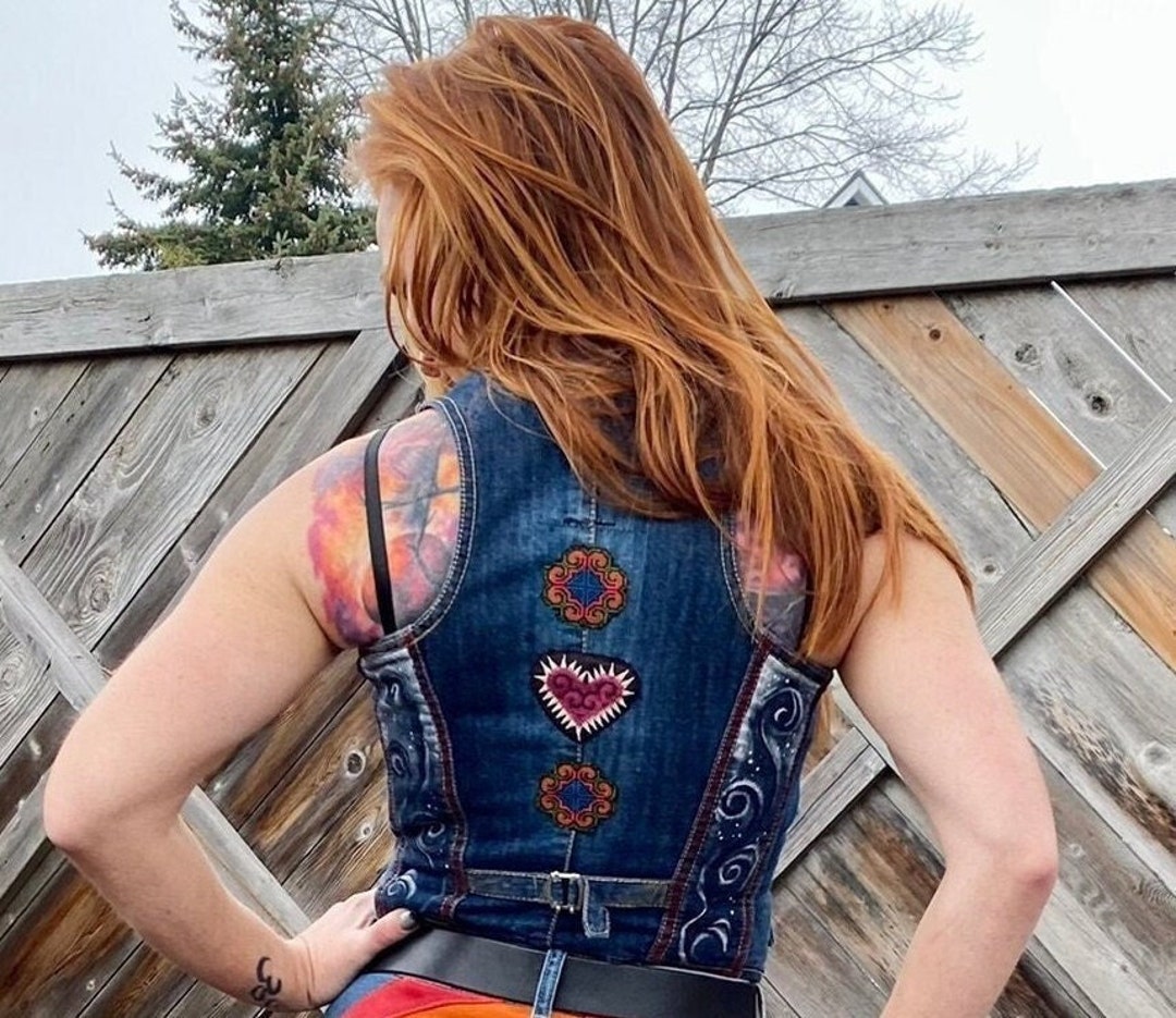 Hand-painted Denim Vest: Embellished Boho Jean Vest, Size S - Etsy