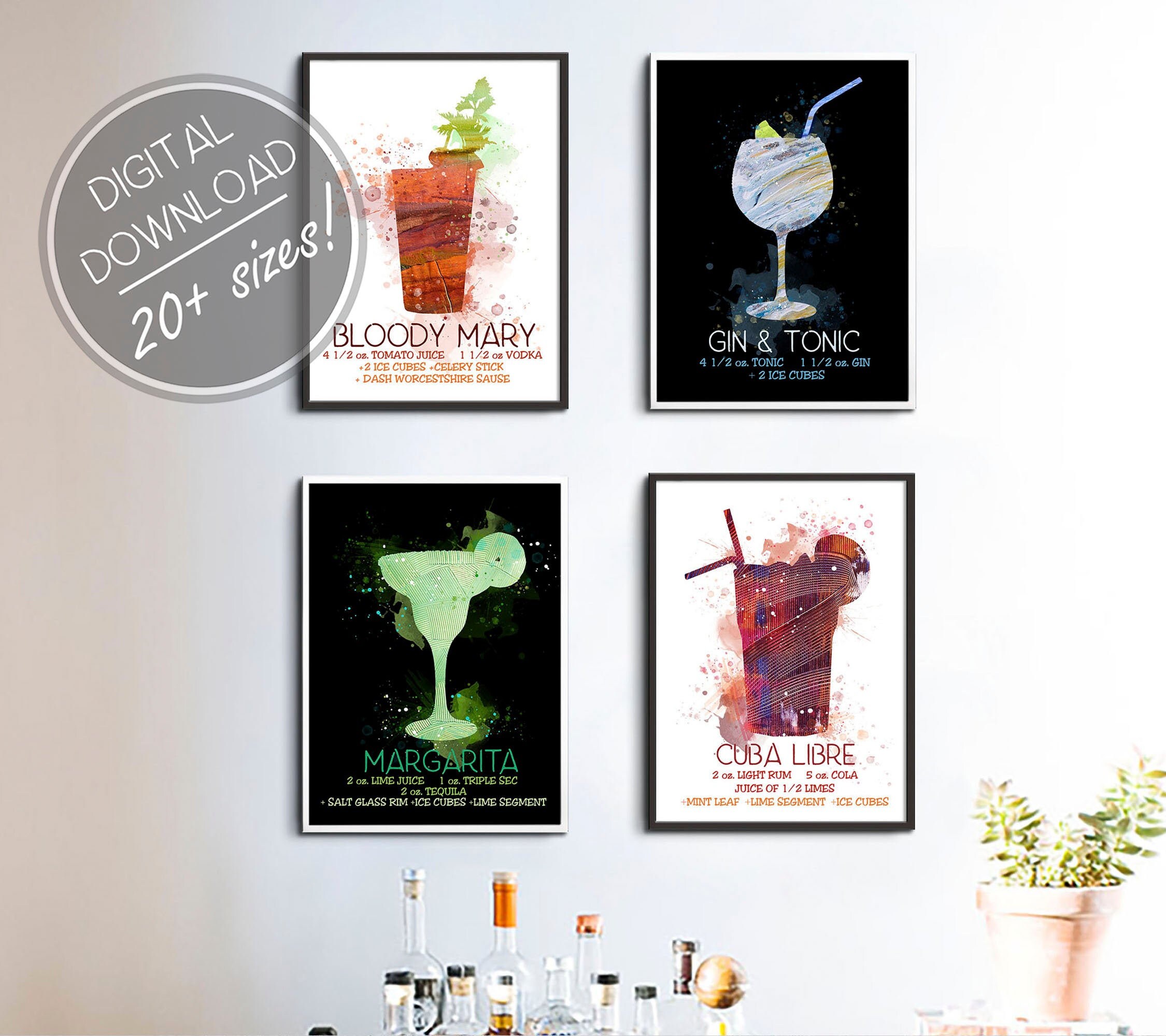 Bar Poster Set of 4 Cocktail Wall Art Drinks Poster Modern | Etsy