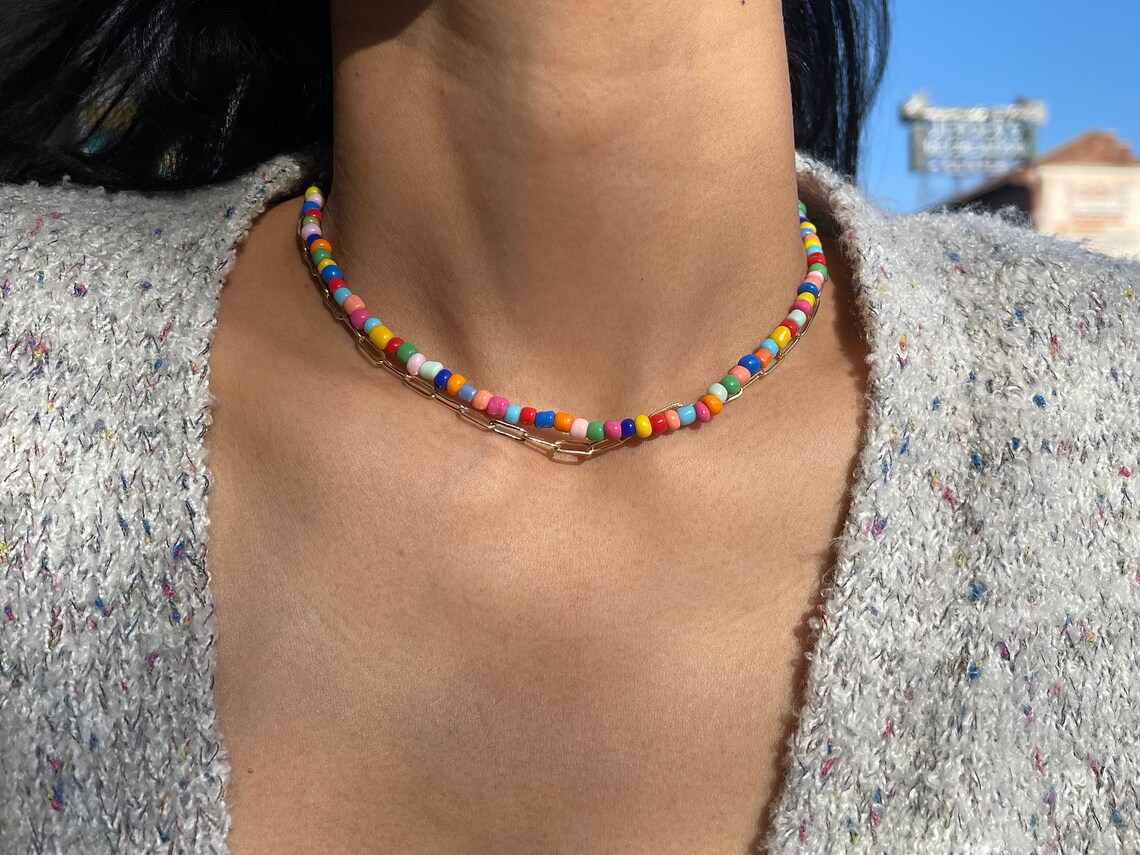 90s Colorful Beaded Necklace, Summer Necklace, Seed Bead Necklace - Etsy