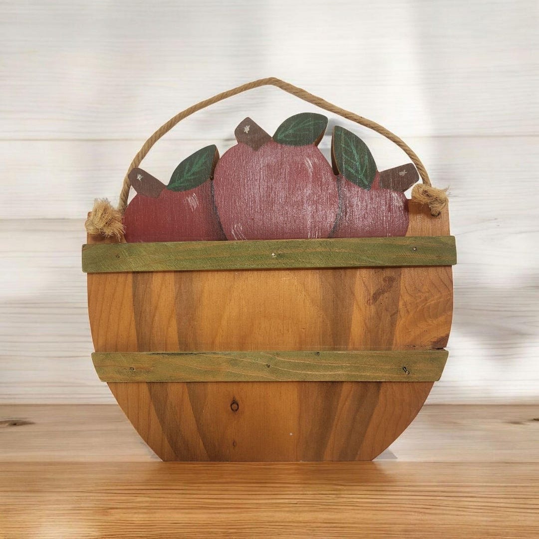 VTG Wood Country Folk Art Apple Bushel Basket Hand Painted Hanging Wall ...
