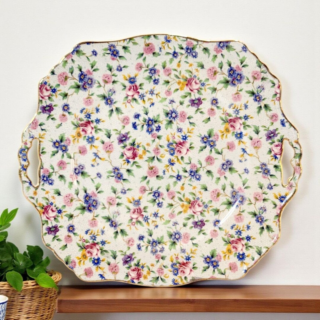 1940 Royal Winton Old Cottage Chintz Floral Square Handled Cookie Cake ...