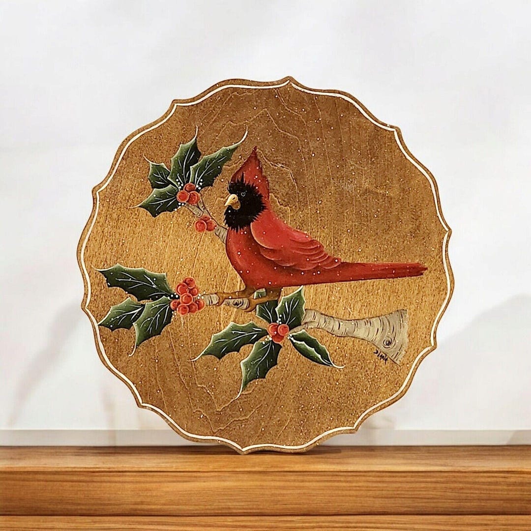 Hand Painted Winter Red Cardinal Bird Wood Wooden Plate Wall Hanging ...