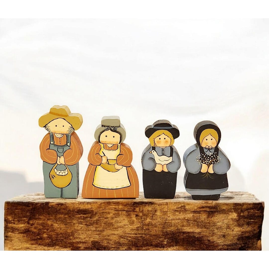 VTG Set of 4 Hand Made Painted Wood Amish Country Figures Family Farm ...