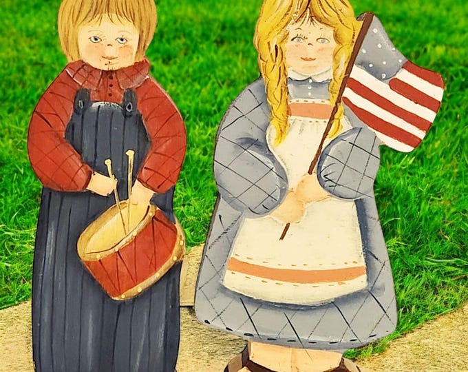 VTG Hand Painted Wood Boy & Girl 4th of July American Flag Patriotic ...
