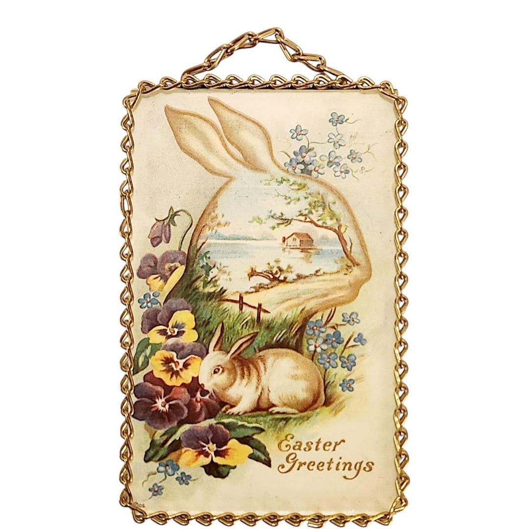 Antique Edwardian 1912 Easter Bunny Pansies Postcard Brass Flue Chain ...