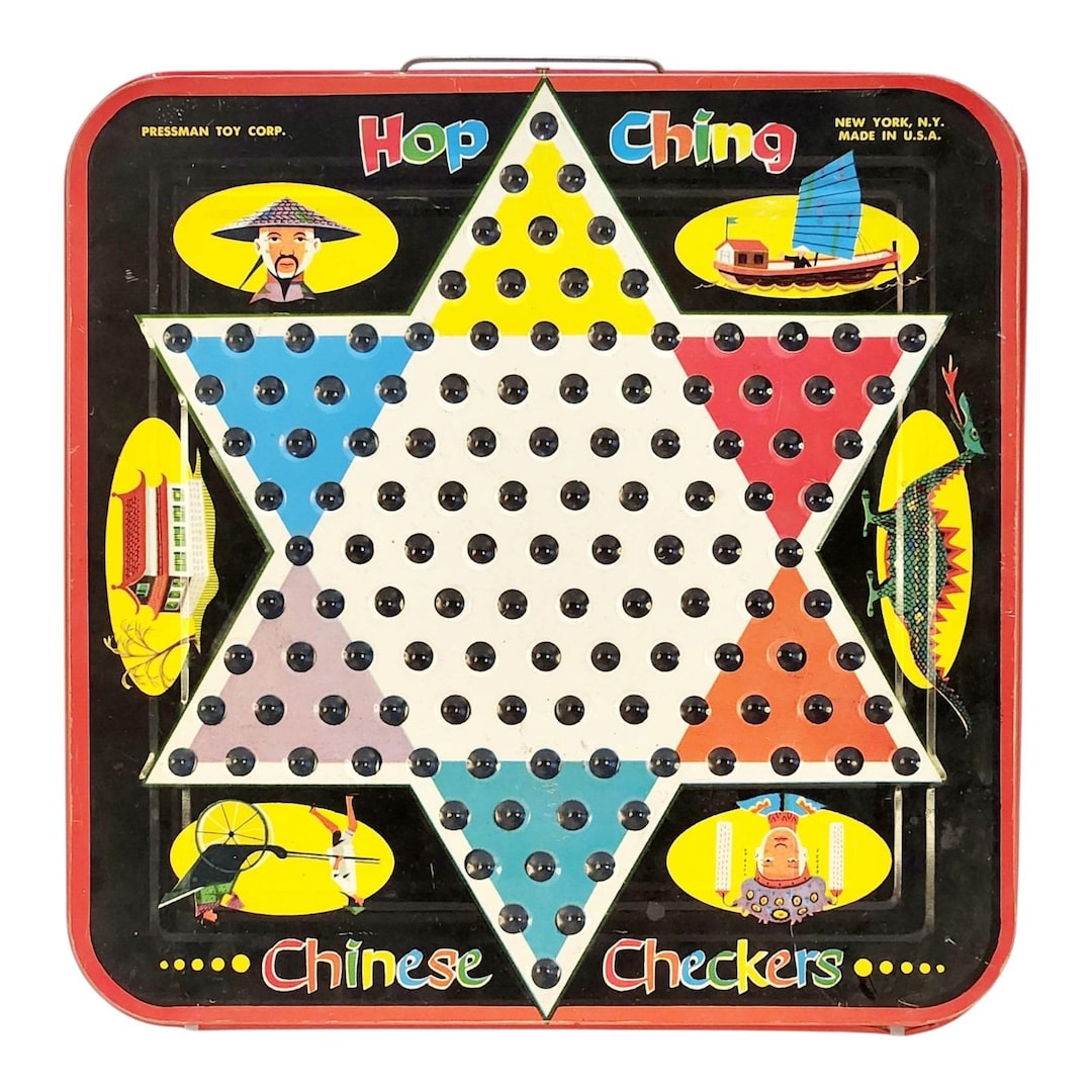 VTG Hop Ching Chinese Checkers Metal Tin Litho Game Board Lid PRESSMAN ...