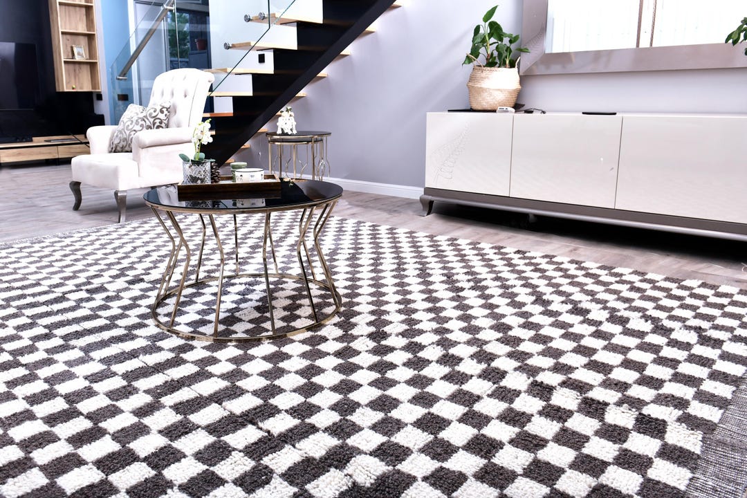 9x12 Checkered Rug, Large Checkered Area Rug, Brown White Wool Rug ...