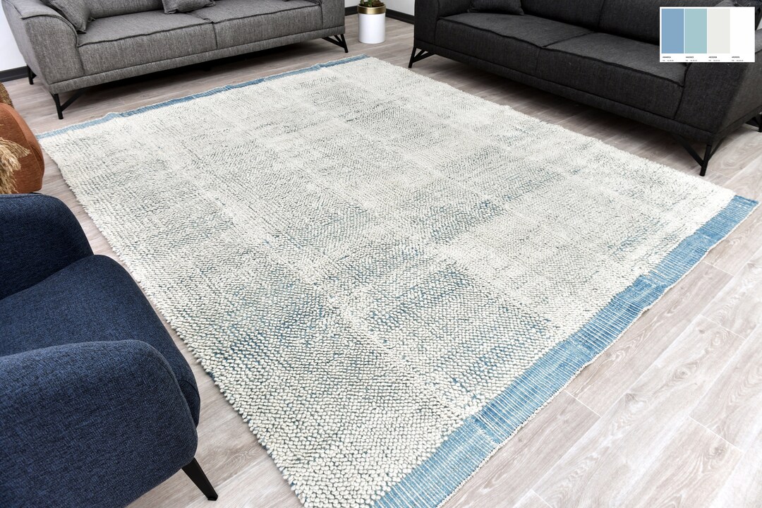 Large White Blue Rug, Hand Made White Blue Rug, Wool Kilim Rug, Wool ...