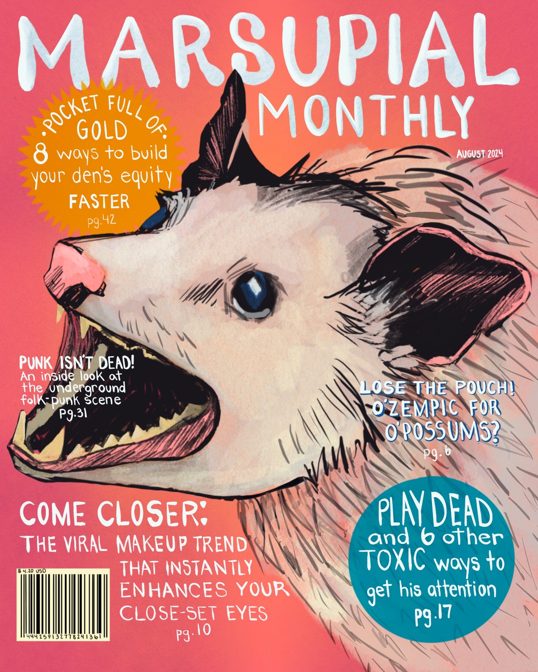Punk Rock Opossum Magazine Cover Art Print: Tabloid Wall Decor (8”x10 ...