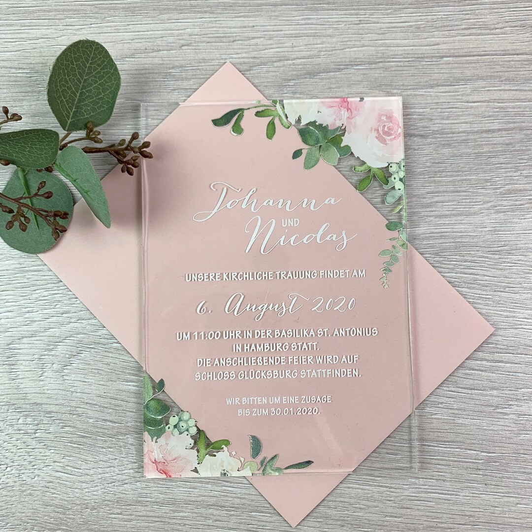Acrylic, Wedding Invitation, Wedding Invitation Pink, White Print ...