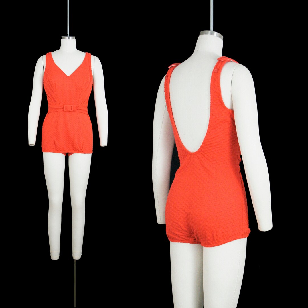 Vintage 1960's One Piece Swim Suit - Low Back - Vermillion Red ...