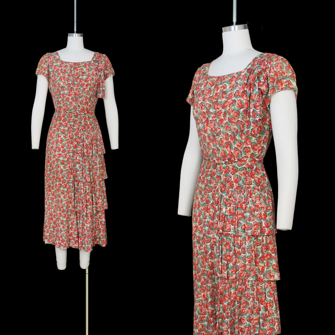Vintage 1940s Strawberry Novelty Print Dress Hip Swag Rayon Doris ...