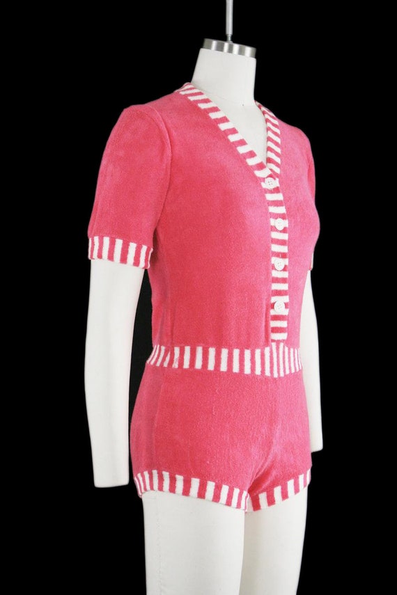 Vintage 1960s Terry Cloth Romper - Pink White Stripes… - Gem