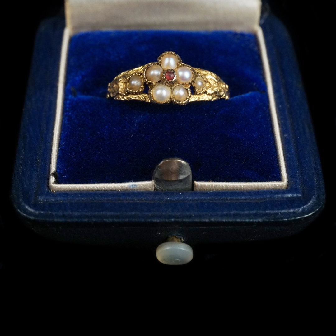Vintage Georgian Ring Flower 18K Gold Seed Pearls Ruby Scroll Romantic ...