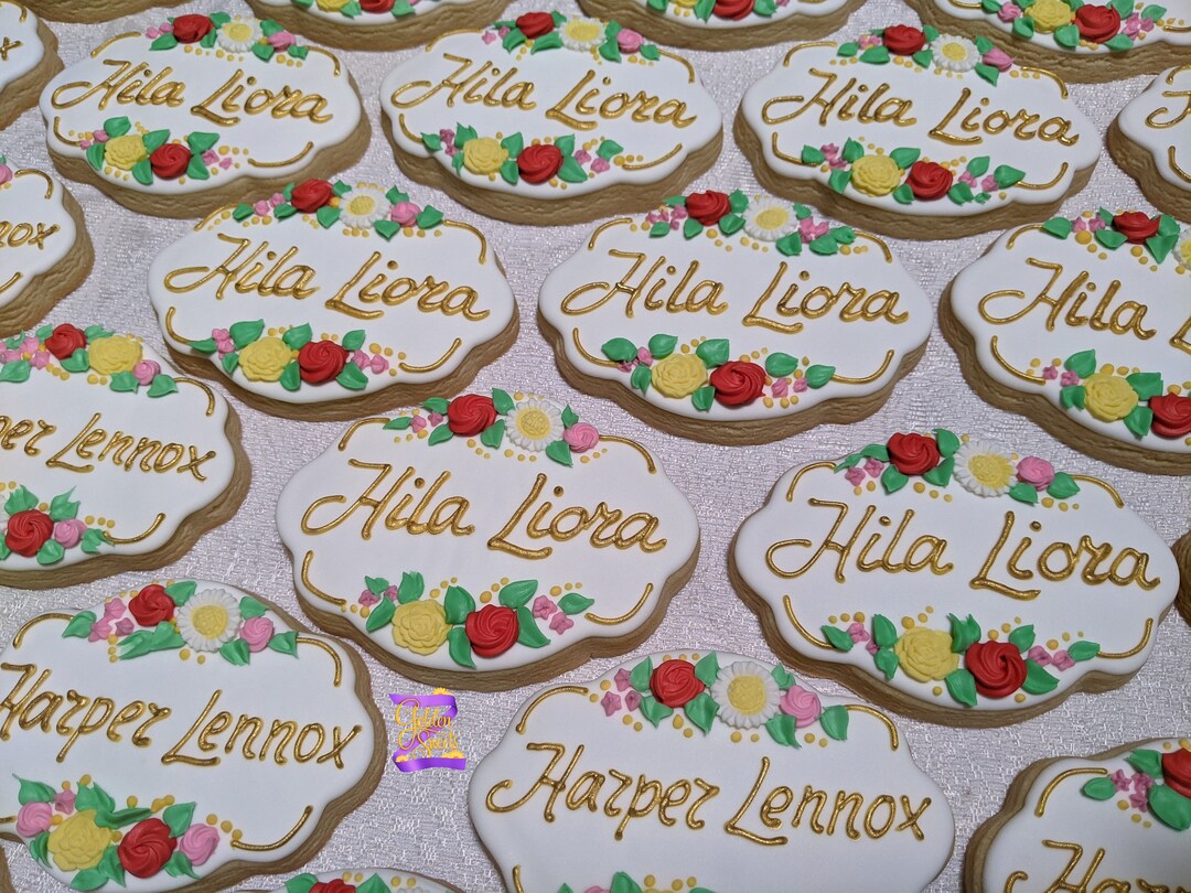 24 Personalized With Name Floral Elegant Decorated Cookies, Kids ...