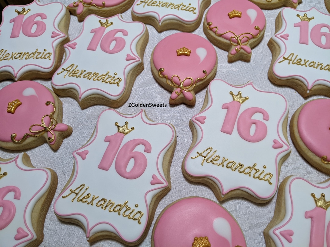 24 Sweet Sixteen Happy Birthday Princess Custom Cookies, Personalized ...