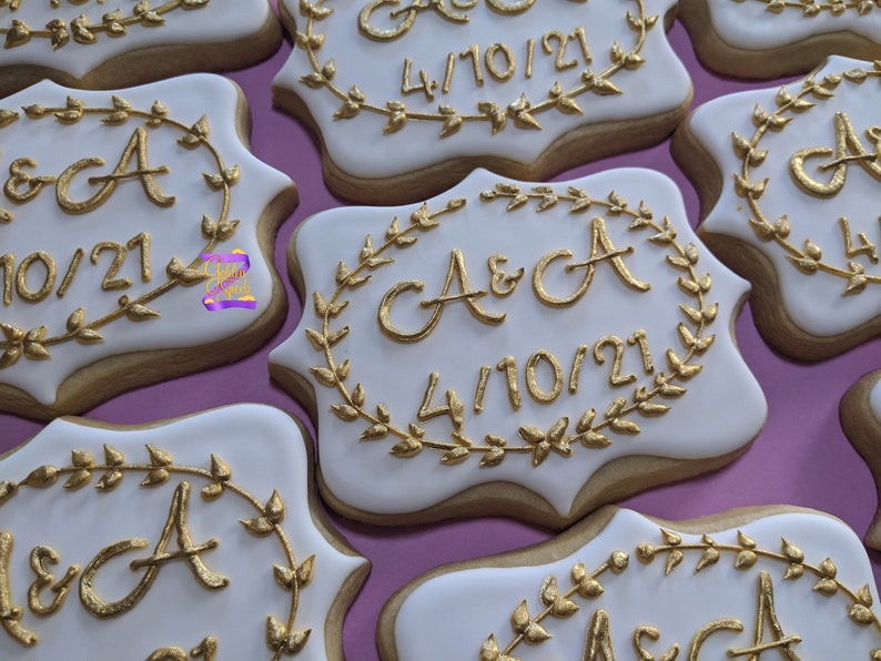 24 Gold Monogram Wedding Date Laurel Wreath Large Custom Cookies ...