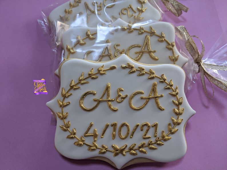 24 Gold Monogram Wedding Date Laurel Wreath Large Custom Cookies ...