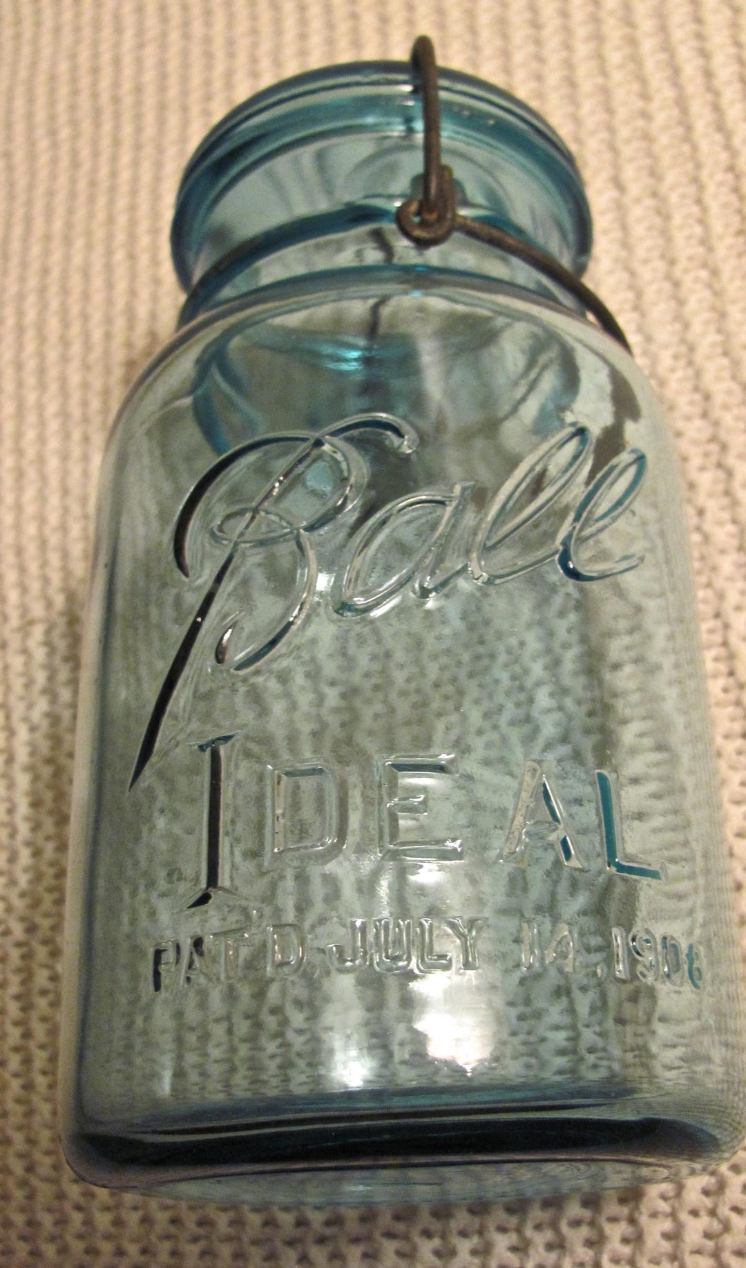 Antique Aqua Blue Ball Ideal #1 Canning Jar Glass Lid Bale Wire Patd ...