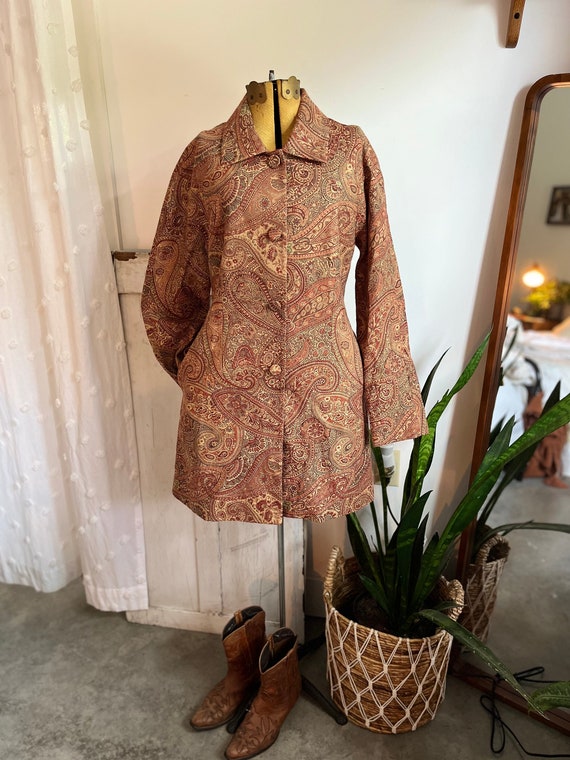 M- Vintage 1990s Fall Paisley Print Mid-Length Button… - Gem