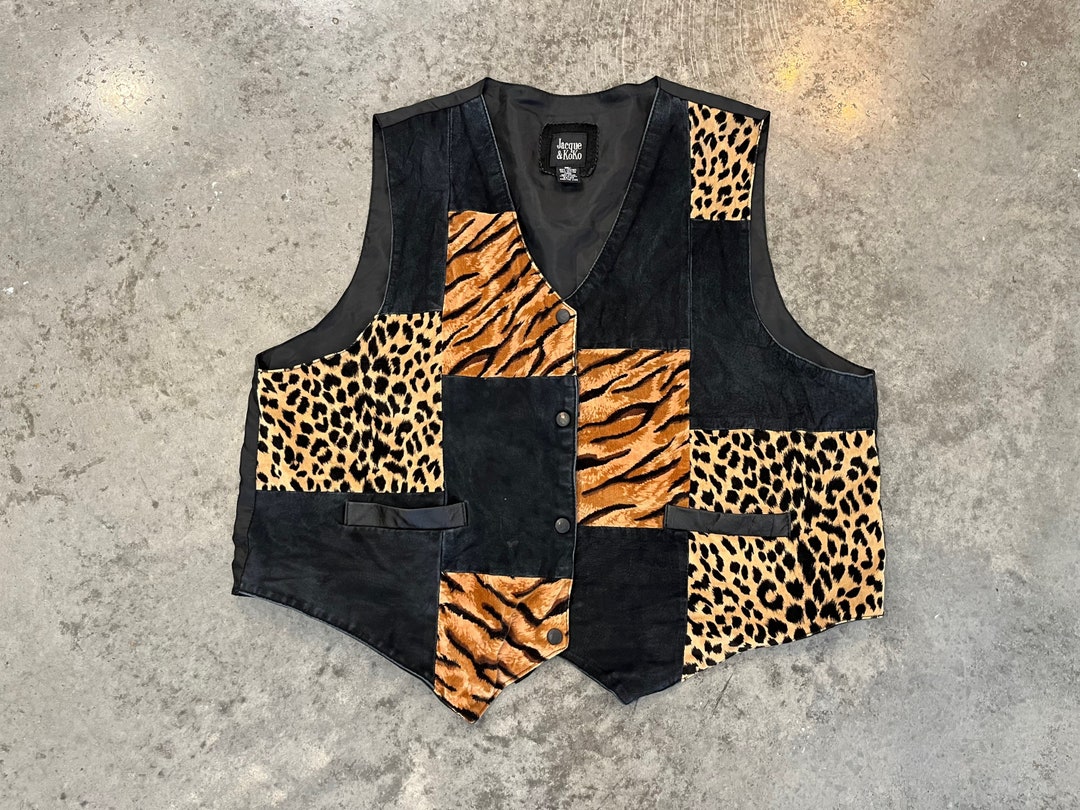 3XL- Vintage 1990s Animal Print Genuine Leather Patchwork Vest | Jacque ...