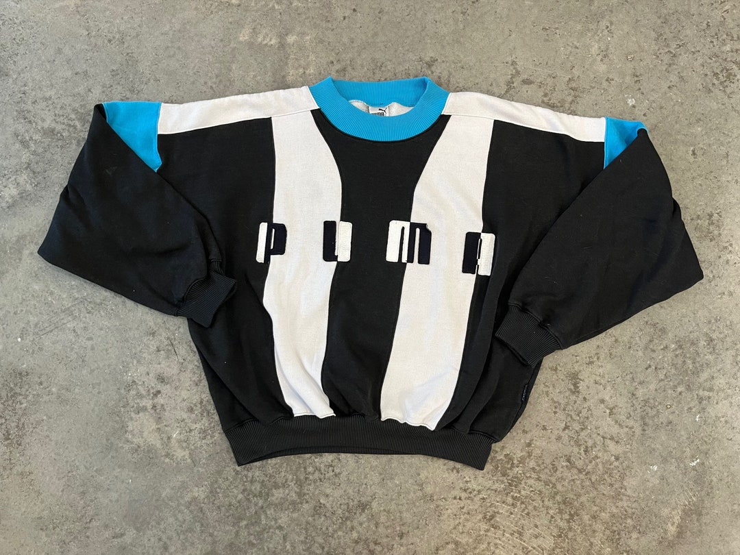 XL- Vintage 1990s Puma Striped Teal, Black, and White Embroidered Patch ...