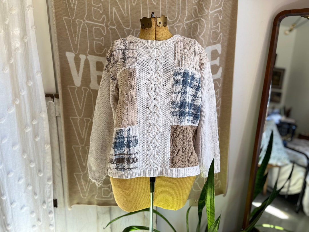 S Vintage 1990s Cable Knit Patchwork Plaid Pullover Sweater Russ Sport ...