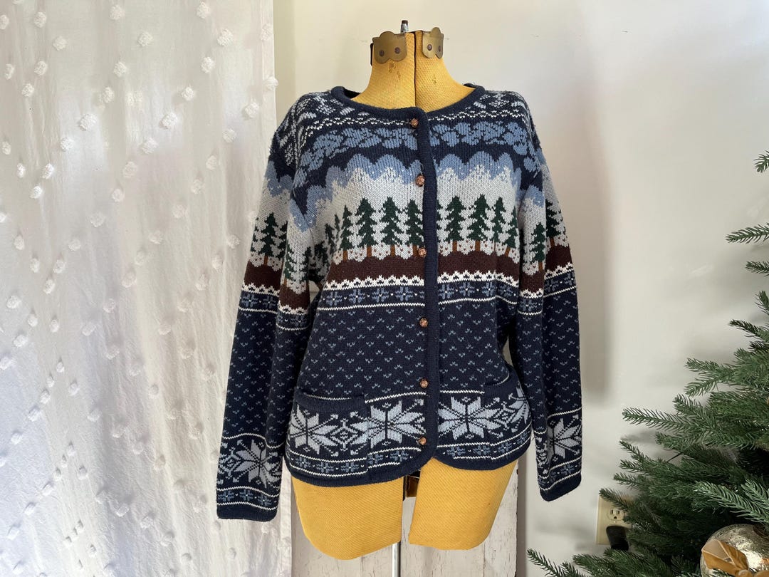 S- Vintage 1990s Pine Trees Fair Isle Nordic Cardigan Sweater With Gold ...